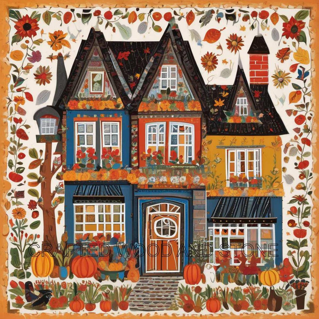 Colorful Autumn Cottage With Pumpkins and Floral Boarder Digital ...