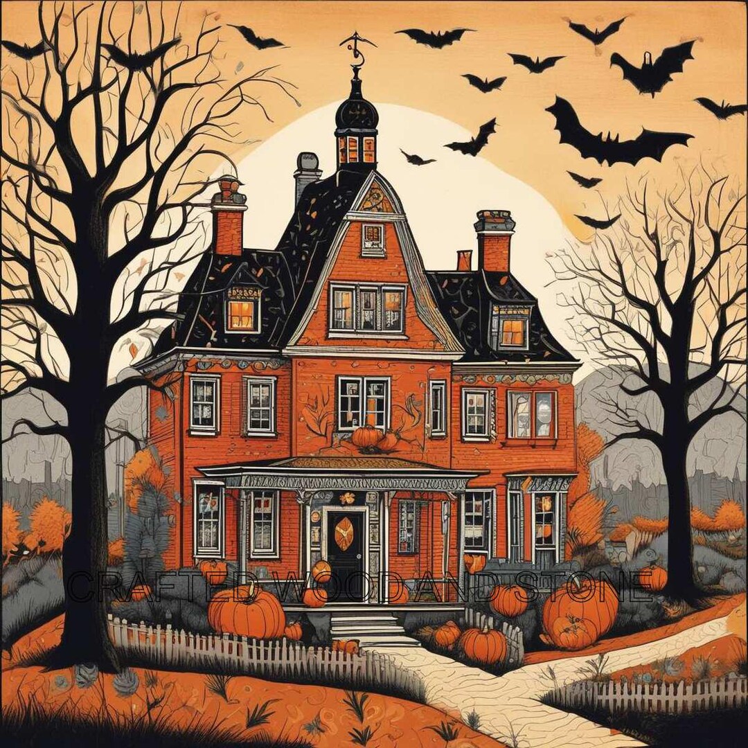 Haunted Autumn Manor With Spooky Bats Art Print Digital Download Art ...