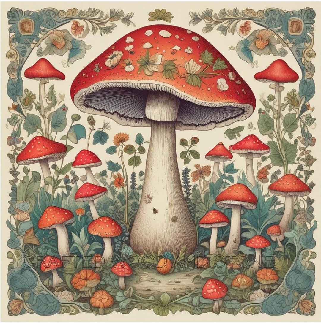 Lively Mushroom Garden Fine Art Canvas Print Enchanting Folk Art With Vibrant Toadstools - Etsy