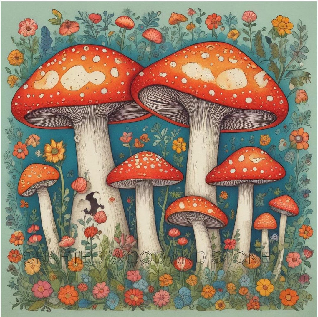 Richly Colored Mushroom Forest Fine Art Canvas Print Charming Folk Art With Vibrant Family of ...