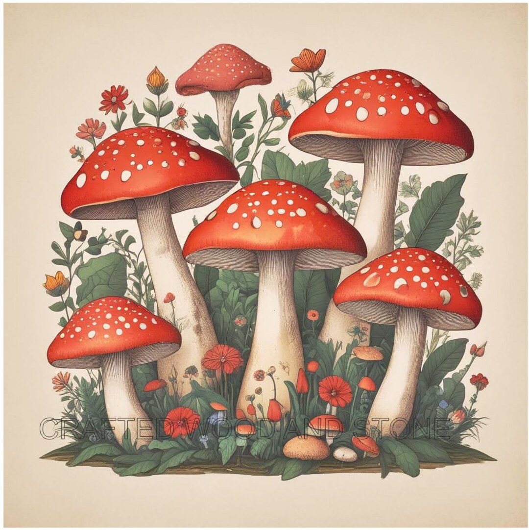 Vintage Mushroom Fine Art Canvas Print Enchanting Folk Art With Group ...