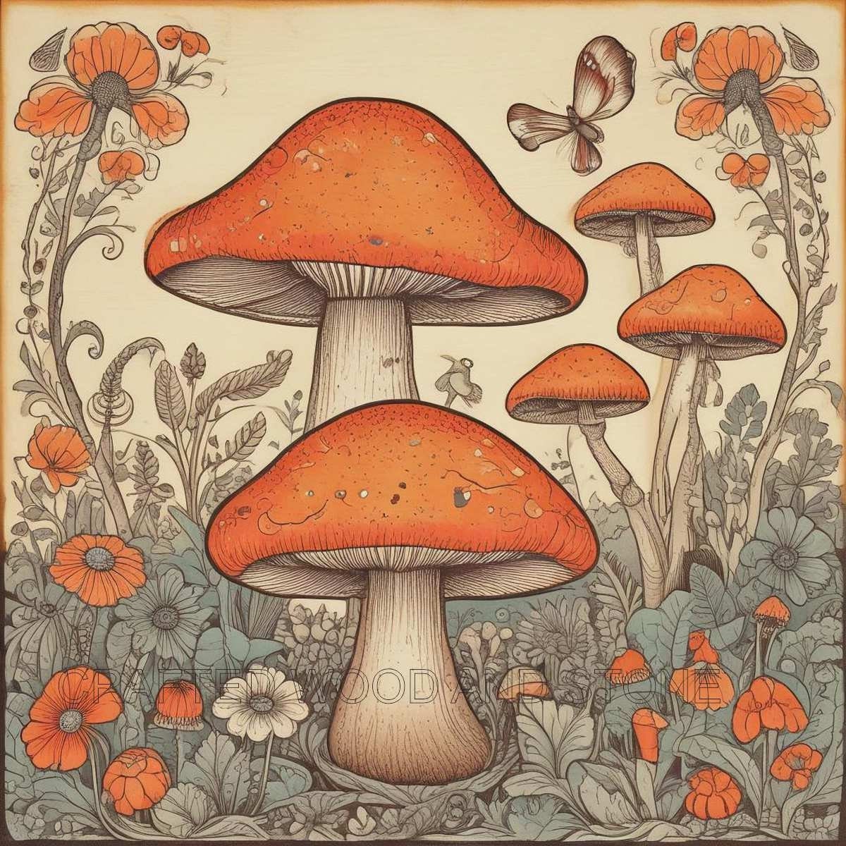 Burnt Orange Mushroom Digital Art Print Enchanting Folk Art Download ...