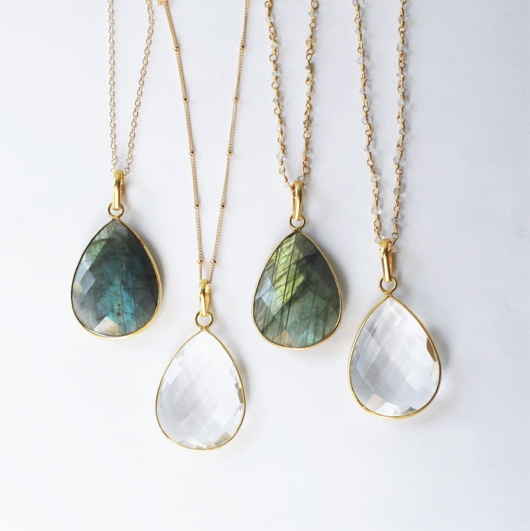 Long Necklace, Crystal Long Pendant Necklace, Teardrop Gold Necklace ...