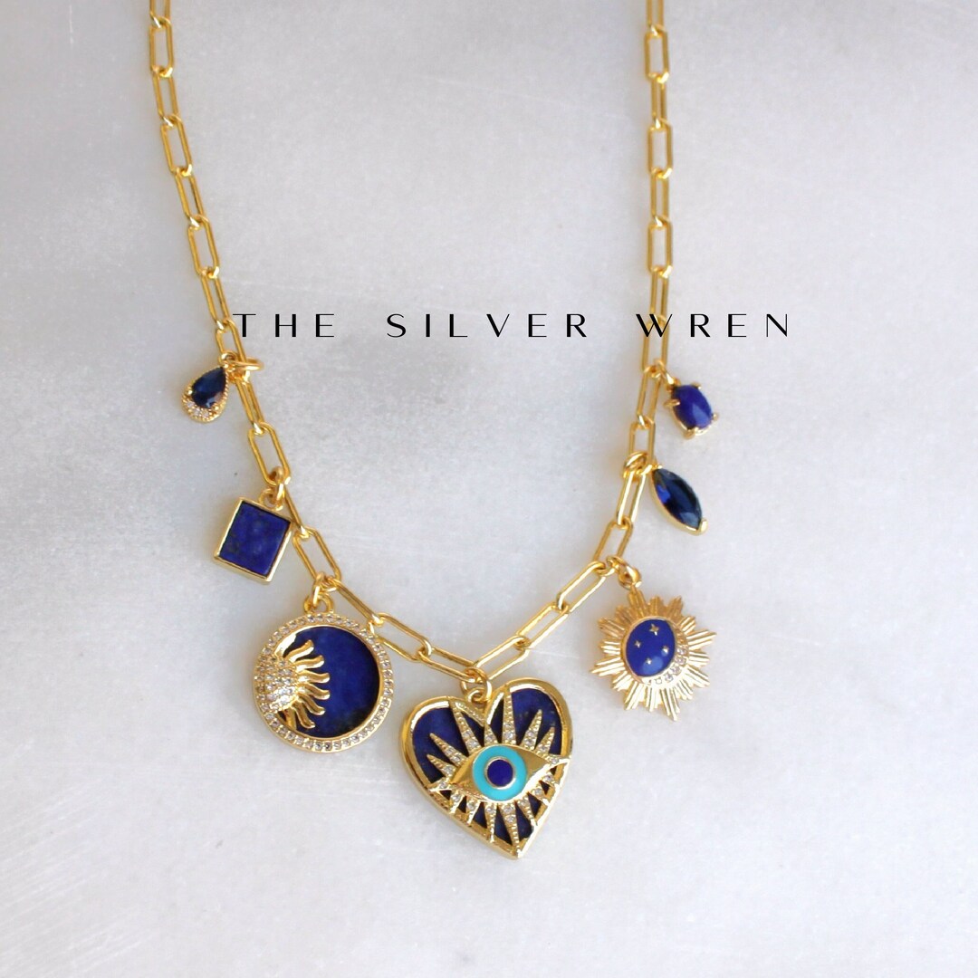 Lapis Multi Charm Necklace, Statement Necklace Jewelry for Her, Multi ...