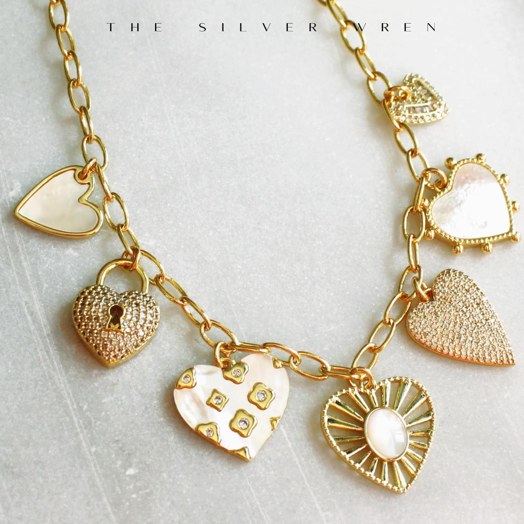 Gold Heart Multi Charm Necklace: Mother of Pearl & CZ - Etsy