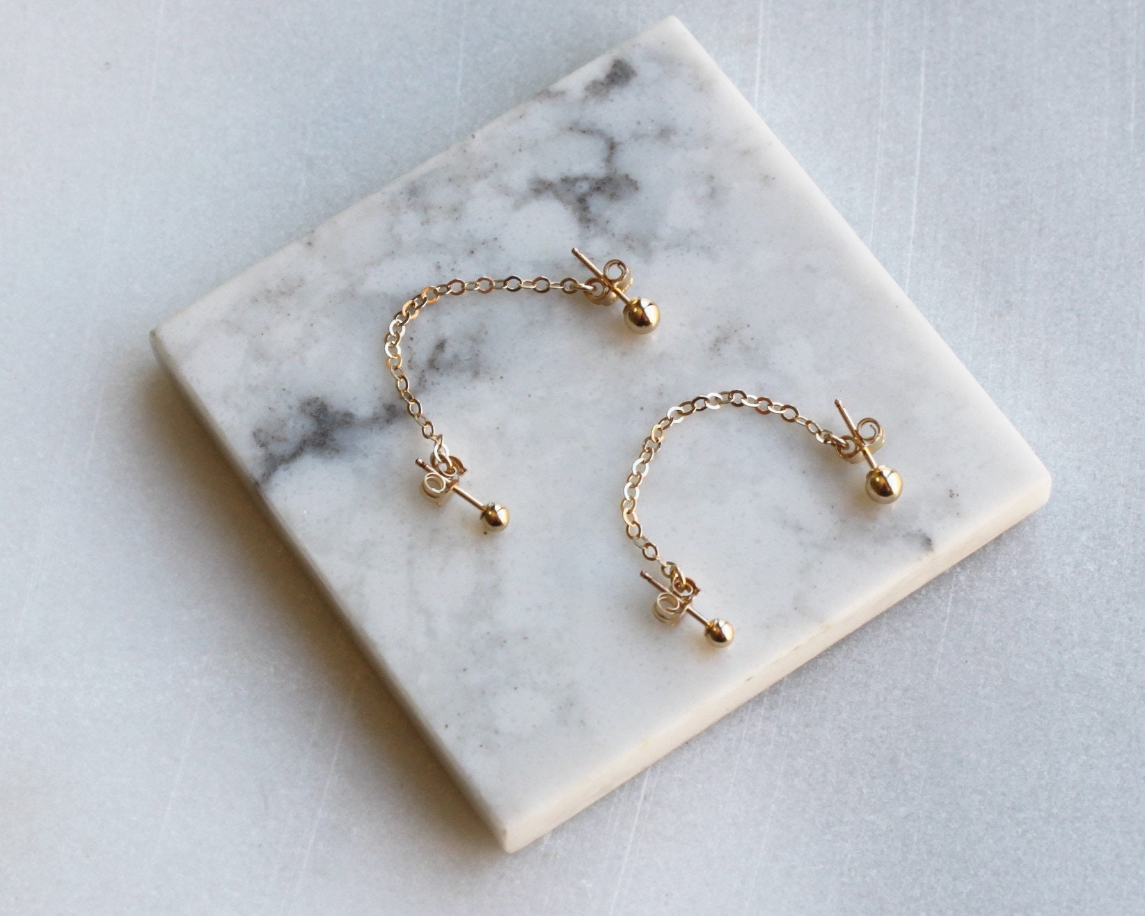 Gold Earrings Connected Earrings Double Piercing Gold Stud | Etsy