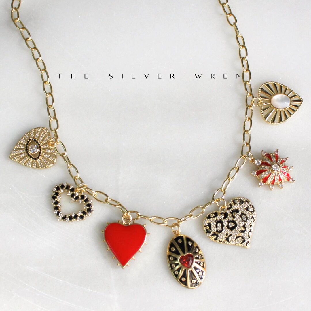 Heart Multi Charm Necklace, Statement Necklace Jewelry for Her, Charm ...