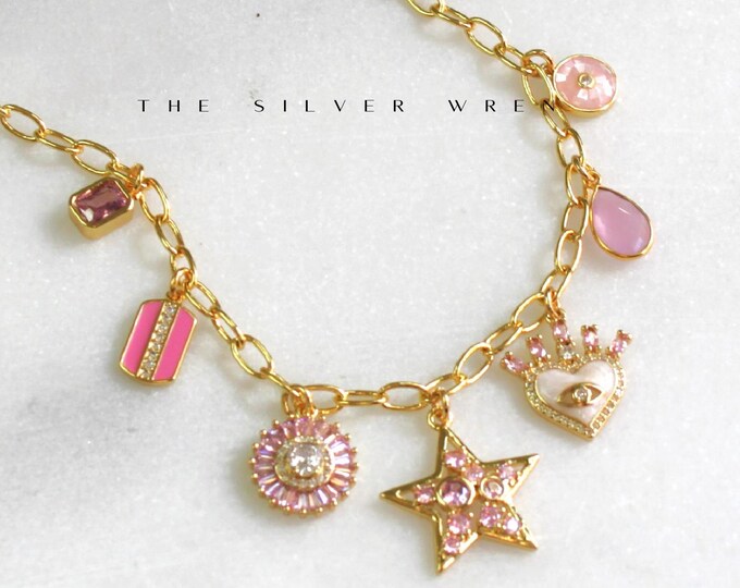 Pink Multi Charm Necklace, Statement Jewelry for Her, Multi Charm ...