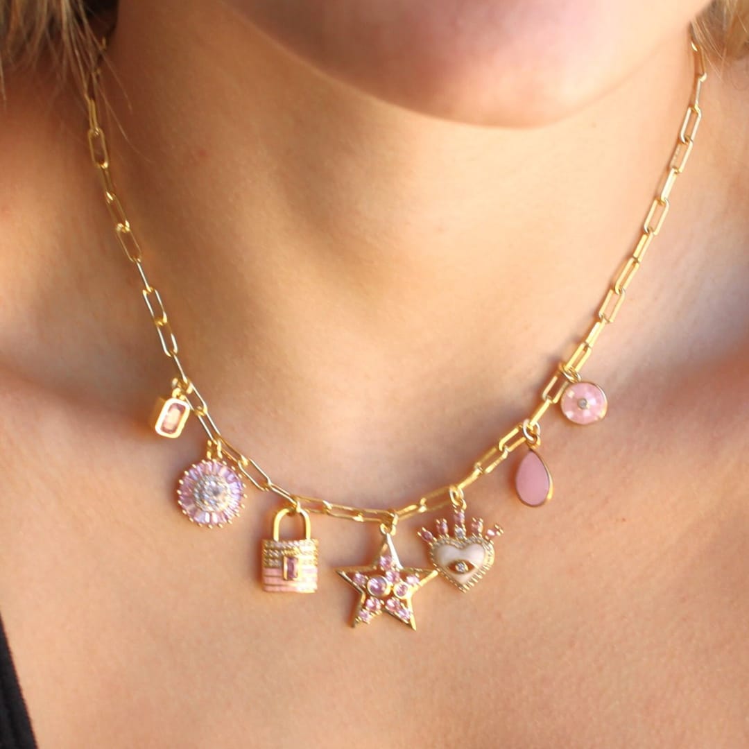 Pink Multi Charm Necklace, Statement Jewelry for Her, Multi Charm ...