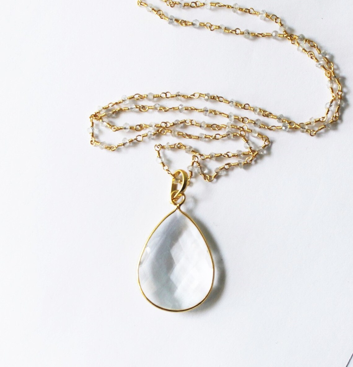 Long Necklace Crystal Long Pendant Necklace Teardrop Gold | Etsy