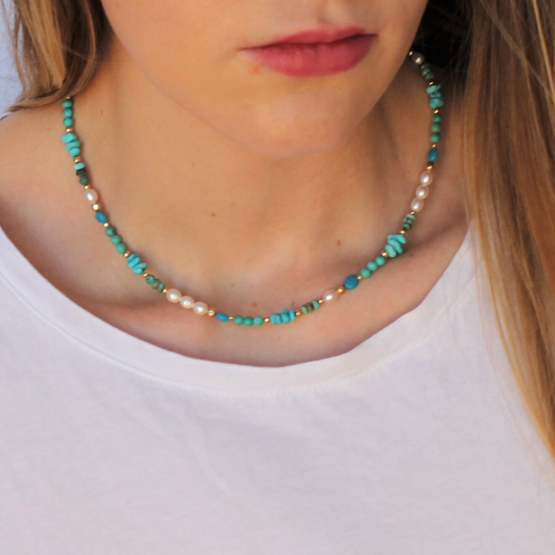 Genuine Turquoise Necklace, Bead Necklaces for Women, Beaded Turquoise ...