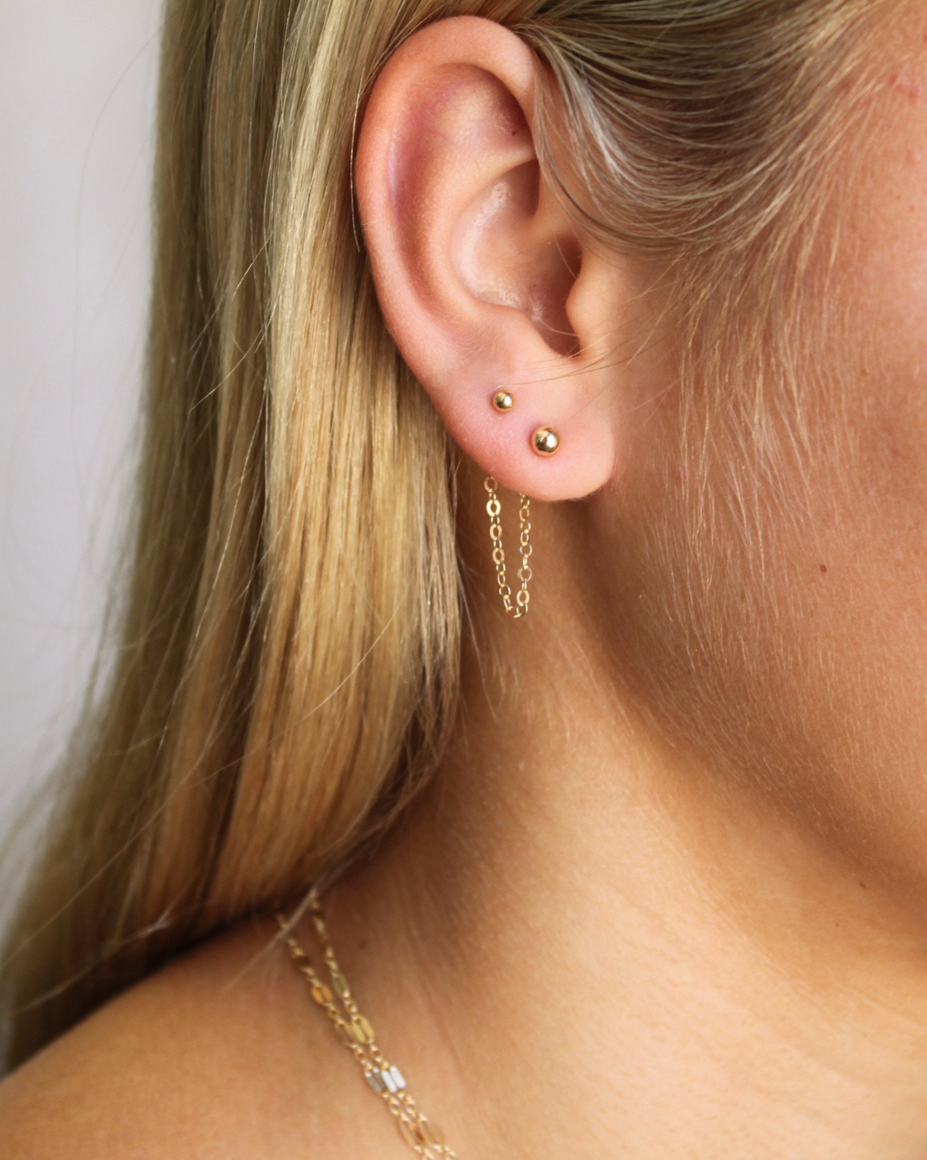 Gold Earrings Connected Earrings Double Piercing Gold Stud | Etsy