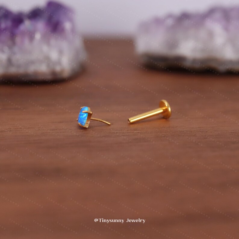 20G/18G/16G Titanium Blue Opal Threadless Push Pin Labret • Opal Flat ...