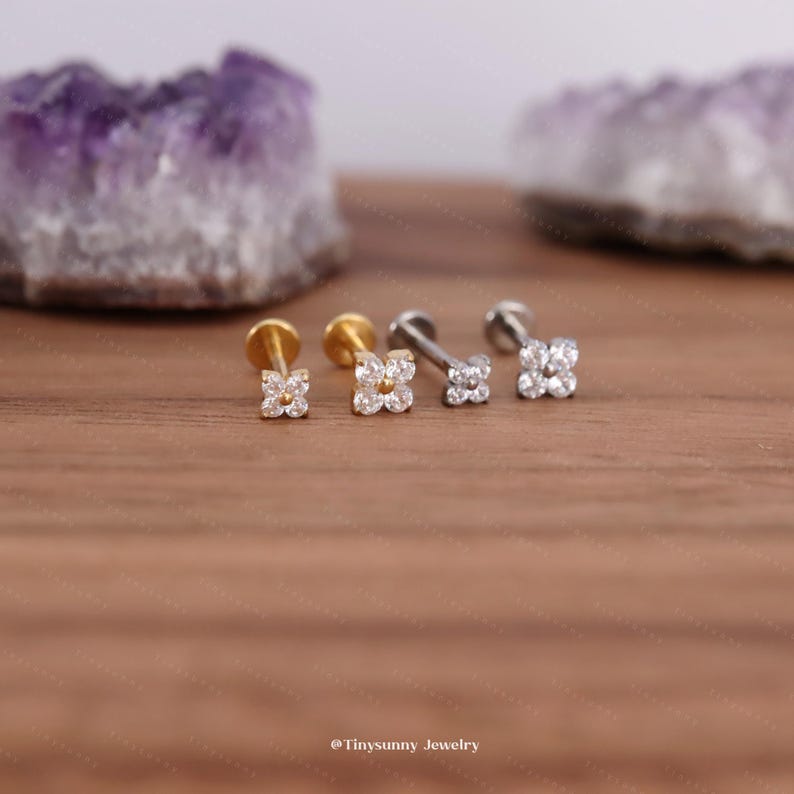 20G/18G/16G Titanium Cz Flower Threadless Push Pin Labret • Flat Back ...