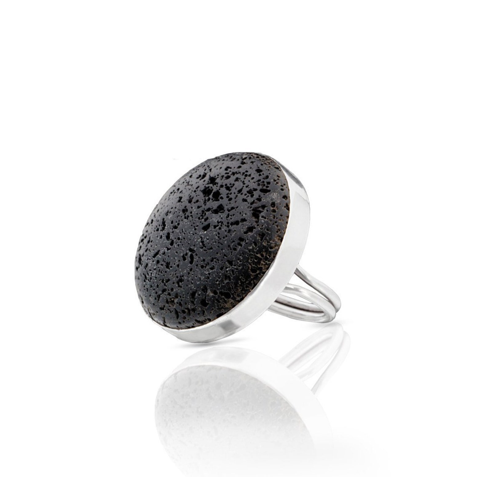 Black Round Lava Stone Ring Made With Sterling Silver Big - Etsy