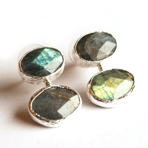 Two Oval Grey Labradorite Stone Earring | Etsy
