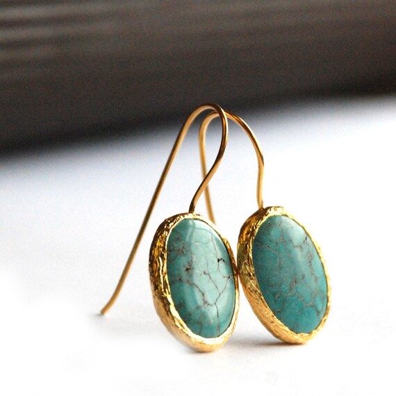 Turquoise Earrings Handmade With Silver Coated in Gold Blue Green Dangling Oval Turquoise Earrings Etsy
