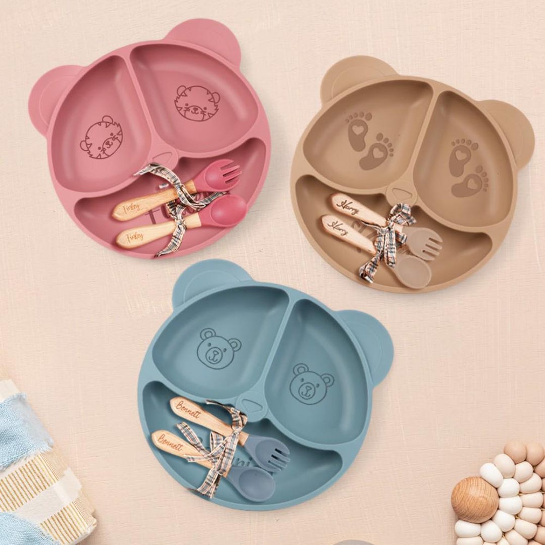 Personalized Silicone Baby Plate Set Engraved Silicone Forks Custom ...