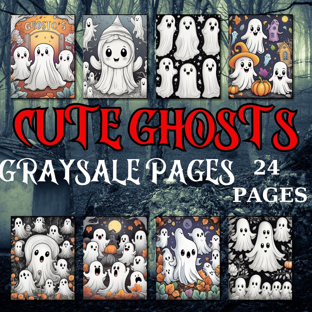 Cute Halloween Ghosts Coloring Pages Gray Scale 24 Sheets - Etsy