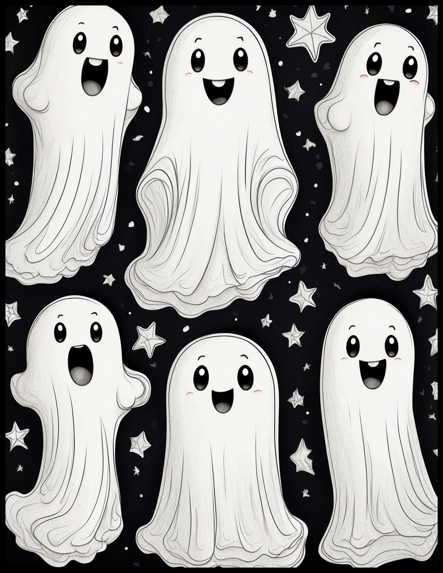 Cute Halloween Ghosts Coloring Pages Gray Scale 24 Sheets - Etsy