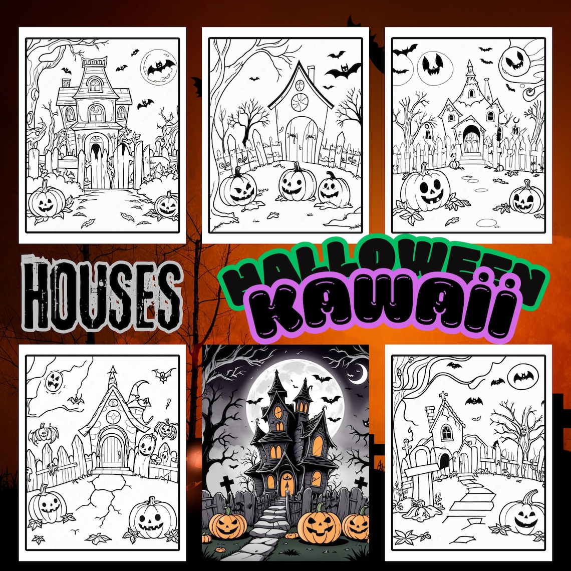 Kawaii Halloween Haunted Houses Coloring Pages for Kids 30 Pages, US ...