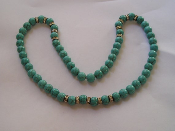 Nice Faux Turquoise Bead & Rhinestone Rondell Necklace - Gem