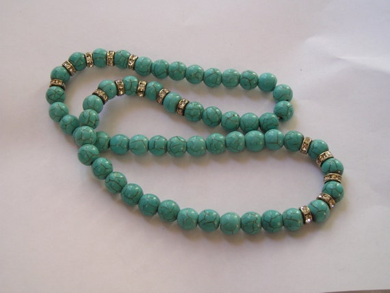 Nice Faux Turquoise Bead & Rhinestone Rondell Necklace - Gem