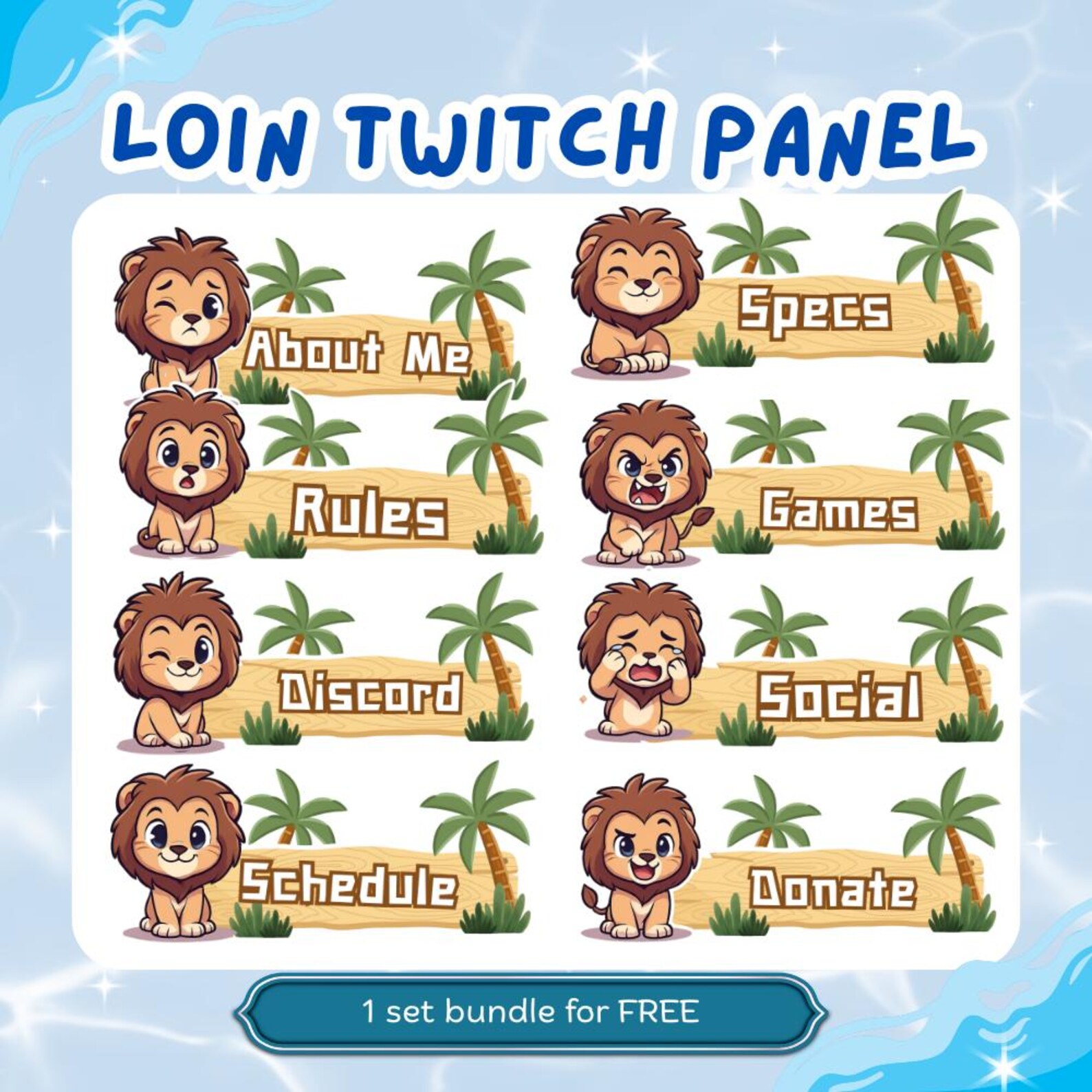 Chibi Lion Twitch Panels – Tropical Vtuber Stream Overlay (digital ...