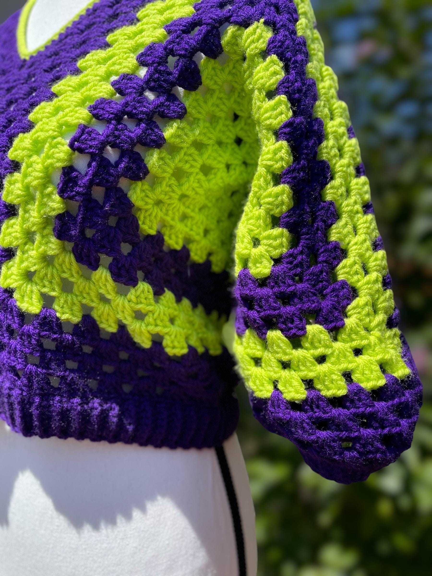 Purple and Acid Green Cropped Pullover Granny Square Sweater - Etsy