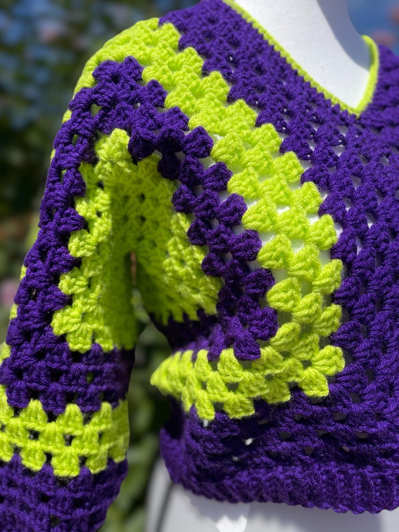 Purple and Acid Green Cropped Pullover Granny Square Sweater - Etsy