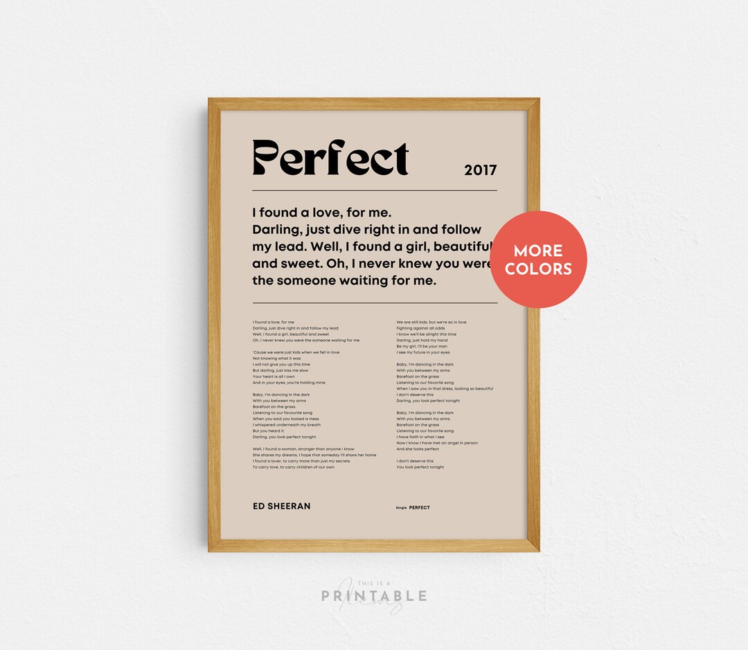 Ed Sheeran Perfect Song Lyrics Poster, Customized Lyric Print, Gift Him ...