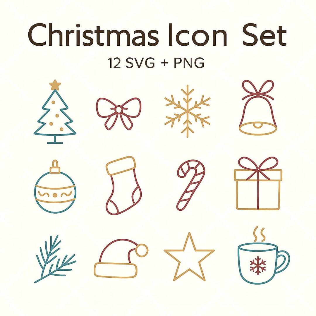 Christmas Line Art Icons – 12 PNG + SVG Clipart Set | Minimalist ...