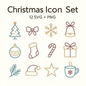 Christmas Line Art Icons – Minimalist PNG SVG Clipart Set (digital ...