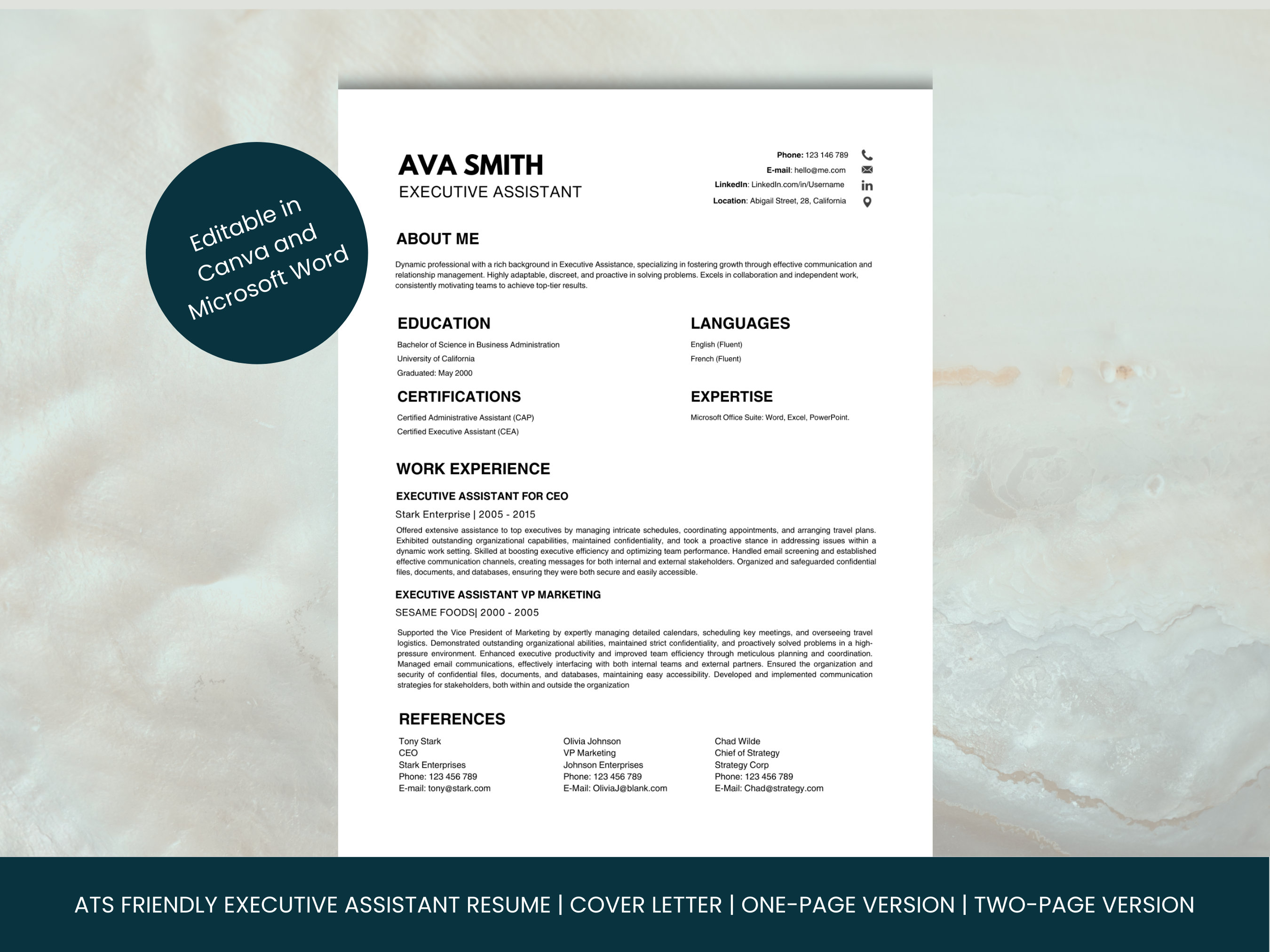 ATS Friendly Executive Assistant Resume Template Modern Minimalist ...