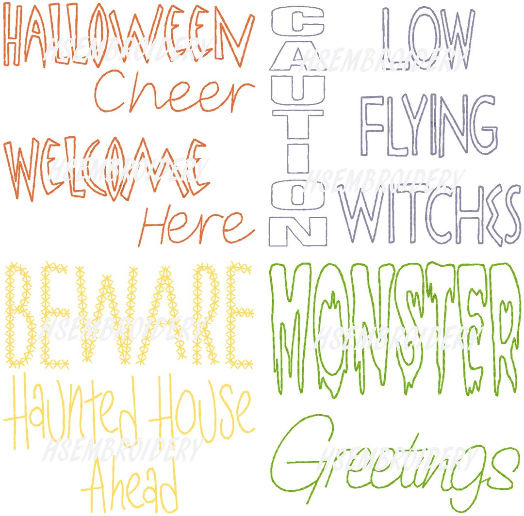 Halloween Wording #1 Witch Monster Haunted House 4 Patterns Redwork ...
