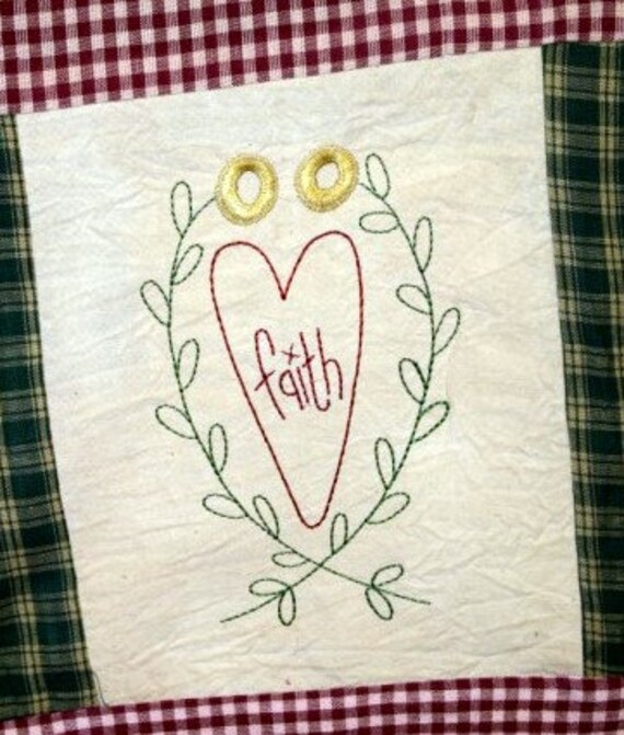 Faith Heart Wreath Primitive Redwork Sampler Machine | Etsy