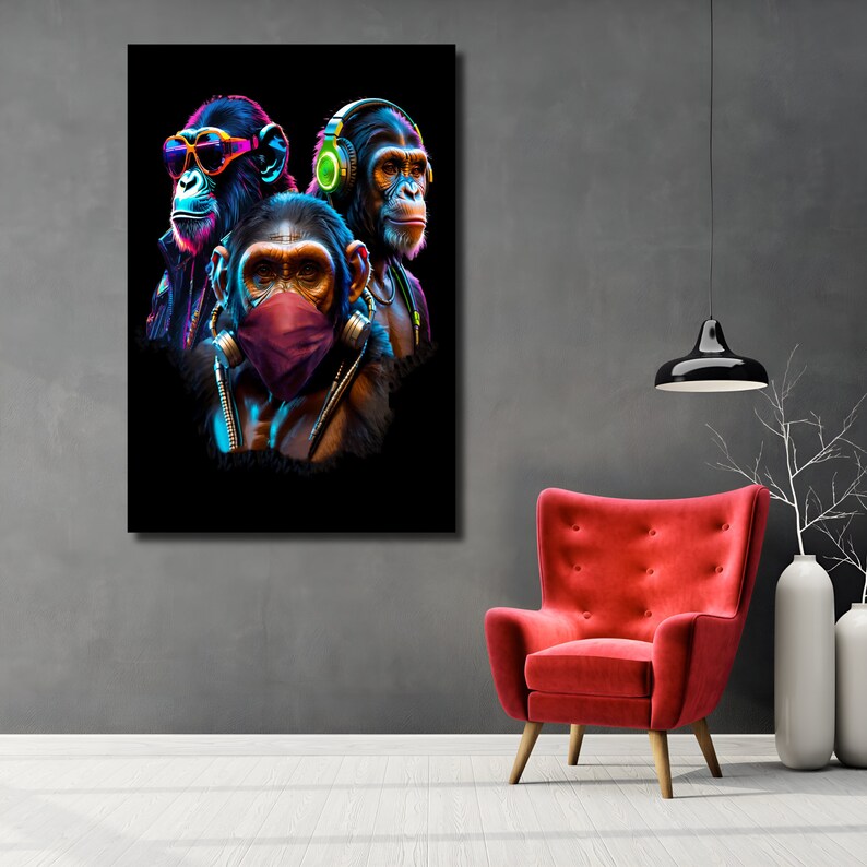 3 Funny Monkeys Canvas Wall Art, Large Canvas, Nordic Style, Smart Monkeys Poster Canvas Art ...