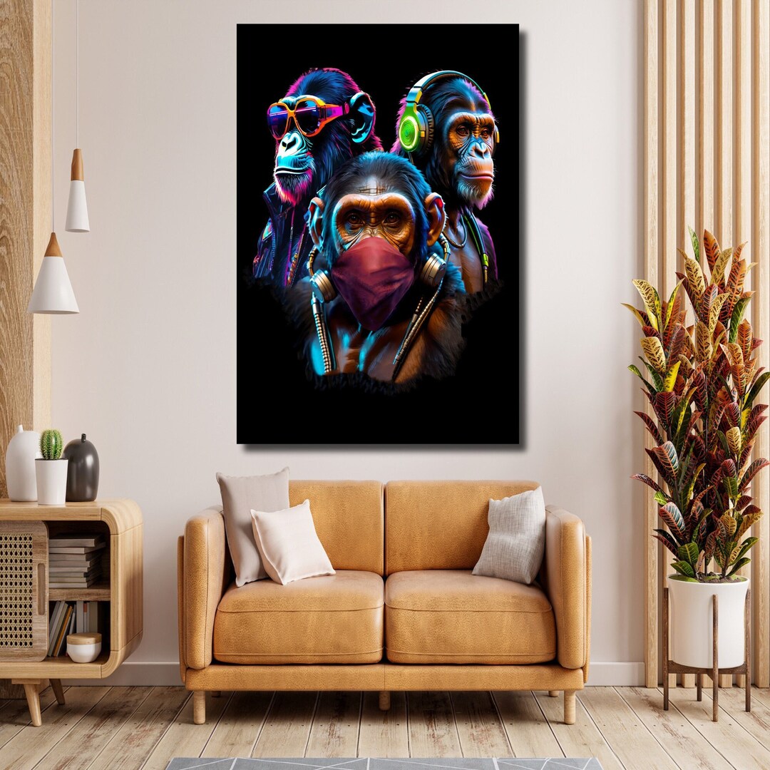 3 Funny Monkeys Canvas Wall Art, Large Canvas, Nordic Style, Smart ...