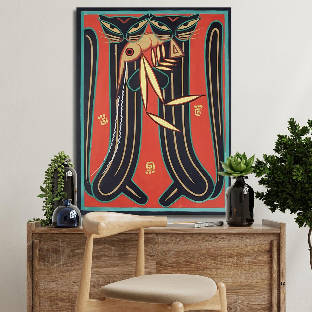 Jamini Roy Cats and Prawn Canvas Art: Indian Folk Art Print - Etsy