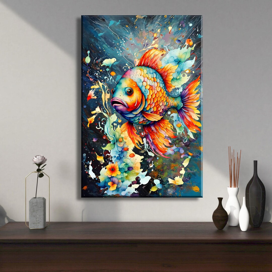 Golden Fish Wall Art, Watercolor Fish Print, Ocean Canvas Art, Animal ...