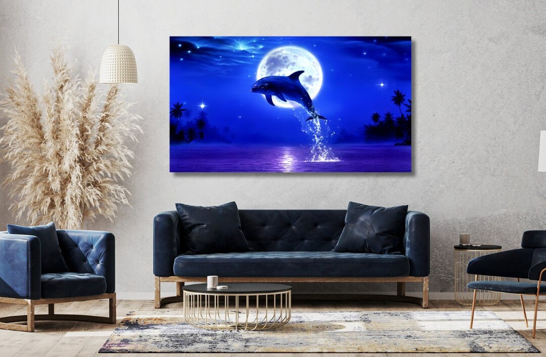 Dolphin & Blue Moon Canvas Art: Coastal Home Decor, Ready to Hang - Etsy