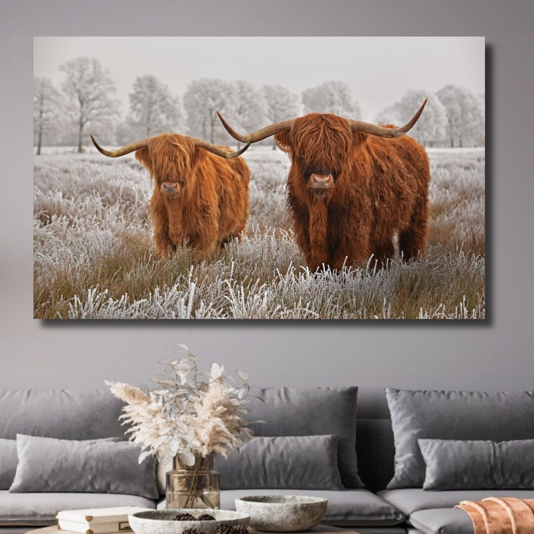 Two Bulls Wall Decor, Higland Bull Wall Art, Animal Wall Art, Wall ...