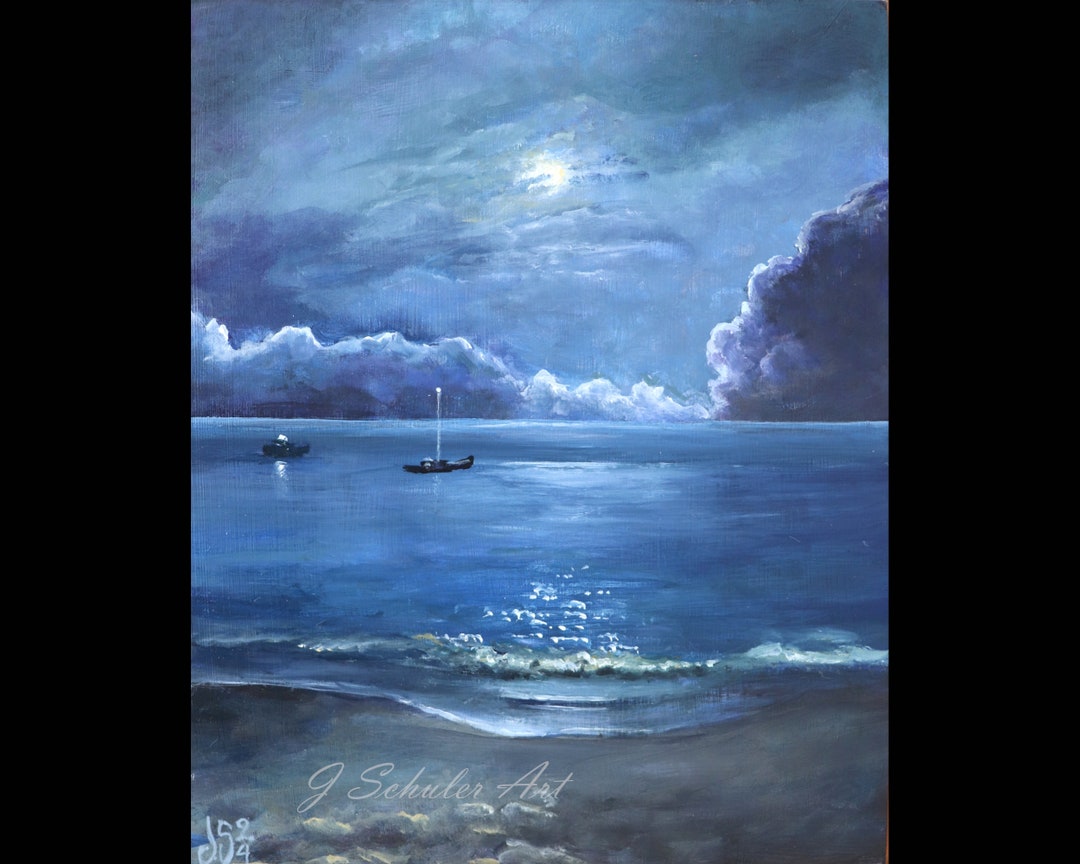 Seashore in the Moonlight, Original Painting, 8" X 10", Acrylic on ...