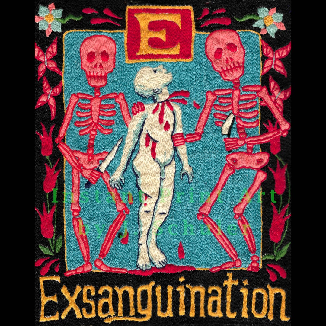 E is for Exsanguination. the Executioner's Alphabet, Hand-embroidery ...