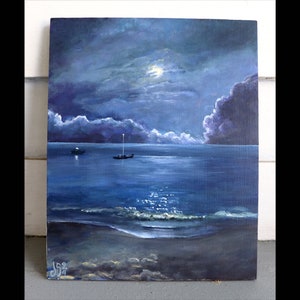 Seashore in the Moonlight, Original Painting, 8" X 10", Acrylic on ...