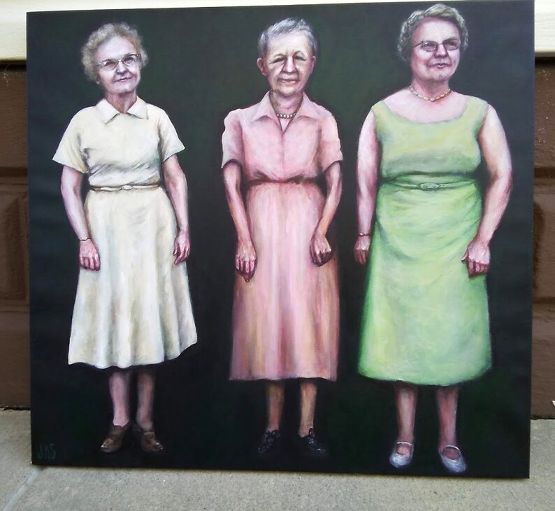 Three Women Portrait: Retro Acrylic Painting on Canvas (28x26) - Etsy