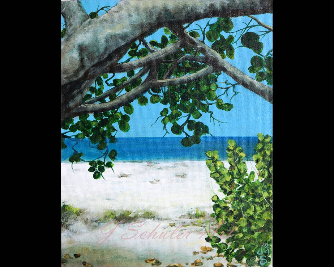 Seagrape Tree Beach Painting: 8x10 Caribbean Seascape Acrylic Art - Etsy