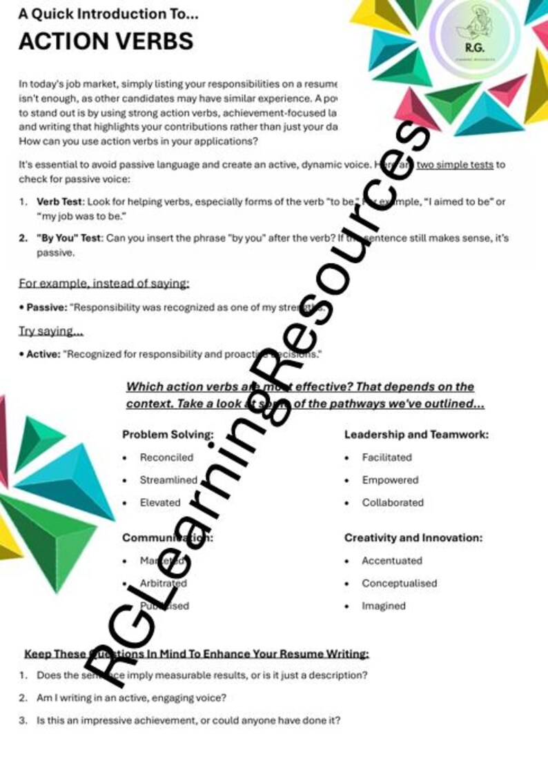 Action Verbs - Career Planning Sheet - Etsy