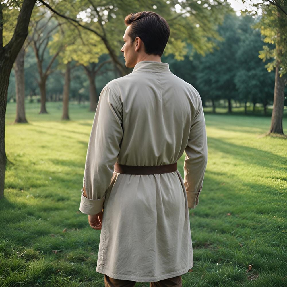 Natural Beige Medieval Tunic Long-sleeve Buttoned Neckline Belted Waist ...