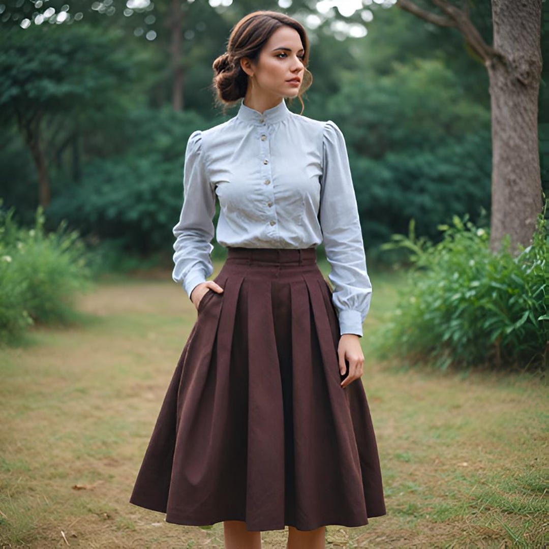 Victorian High-collar Blouse & Brown Skirt Vintage Cottagecore Outfit ...